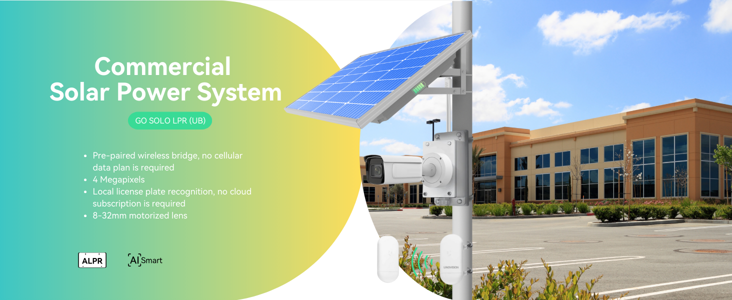 (GO SOLO LPR UB) Commercial Solar Power Camera KIT with Wireless Bridg ...